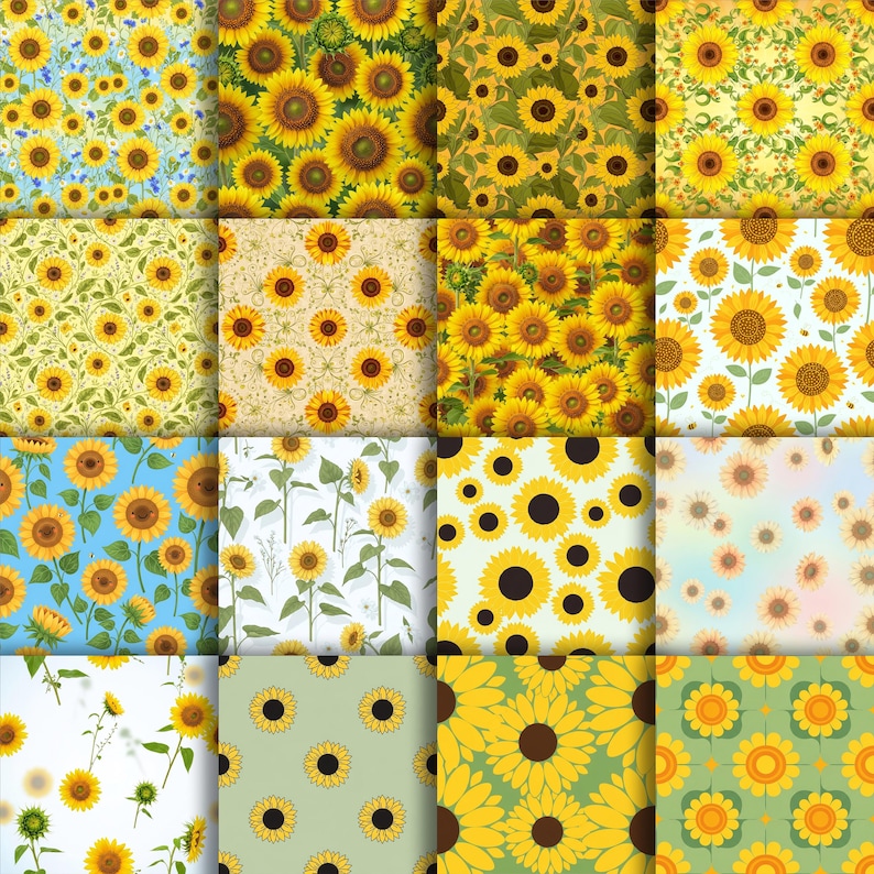 640 Sunflower Digital Paper Pack, Floral Seamless Background Bundle ...