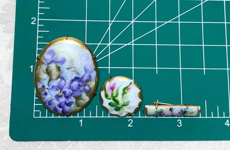 Victorian Hand-painted Porcelain Brooches: Violets & Roses, Brass Pin ...