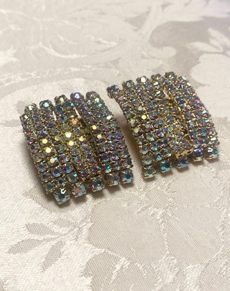 Vintage Aurora Borealis Rhinestone Clip on Earrings: 1950s Gold Tone ...