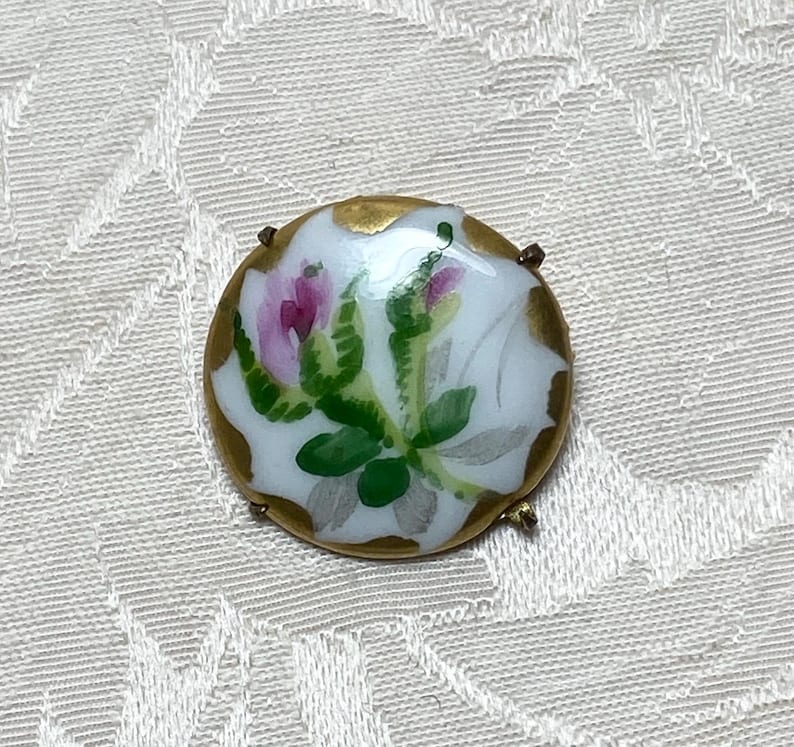 Victorian Hand-painted Porcelain Brooches: Violets & Roses, Brass Pin ...