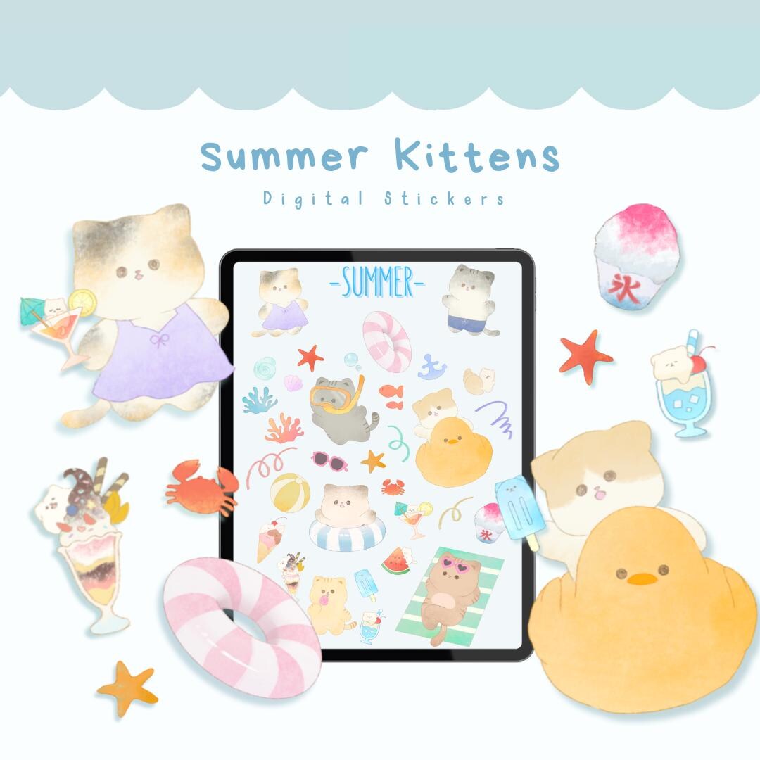 Summer Vacation Cat Clipart Set, Beach Journal Stickers, Watercolor ...