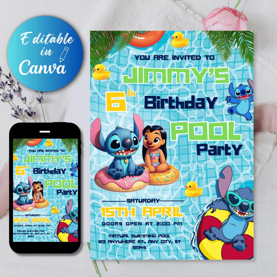 Editable Lilo & Stitch Birthday Pool Party Invitation | Birthday Pool ...