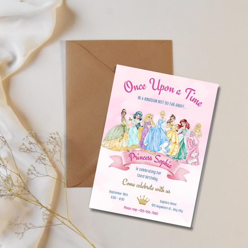 Princess Birthday Invitation Template: Pink & Gold, Editable Canva ...