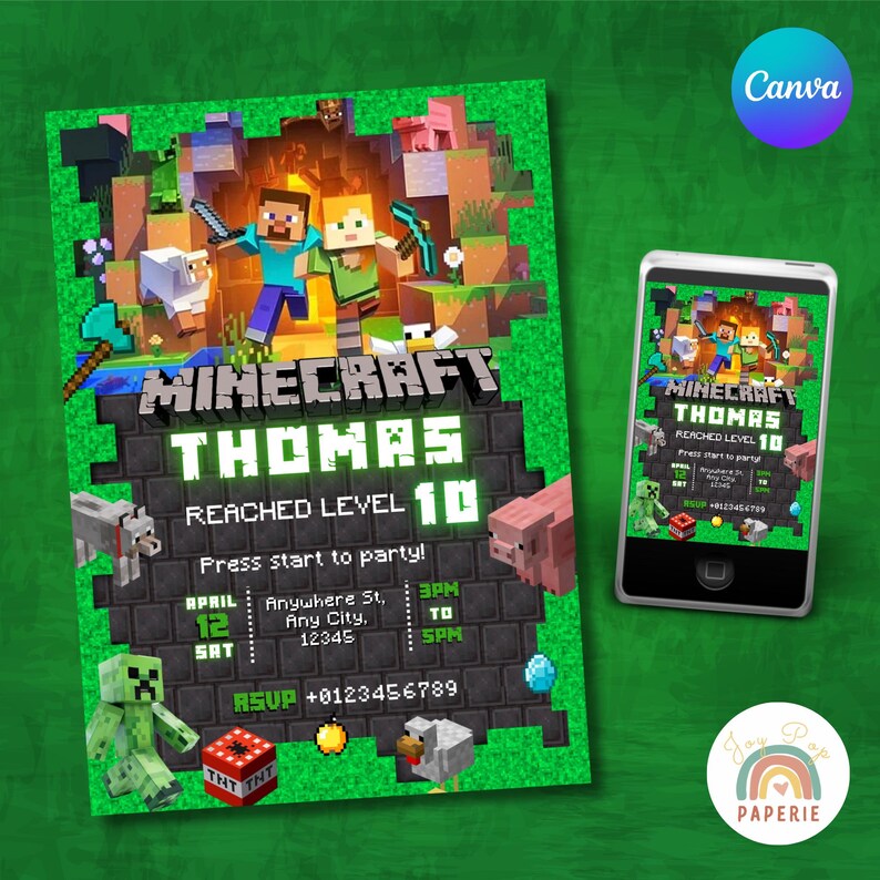 Birthday Invitation Minecraft Editable, Minecrafter Birthday Invite ...