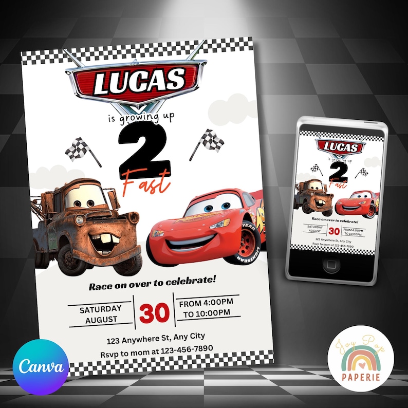 Cars Birthday Invitation: Two Fast Party, Editable Canva Template ...