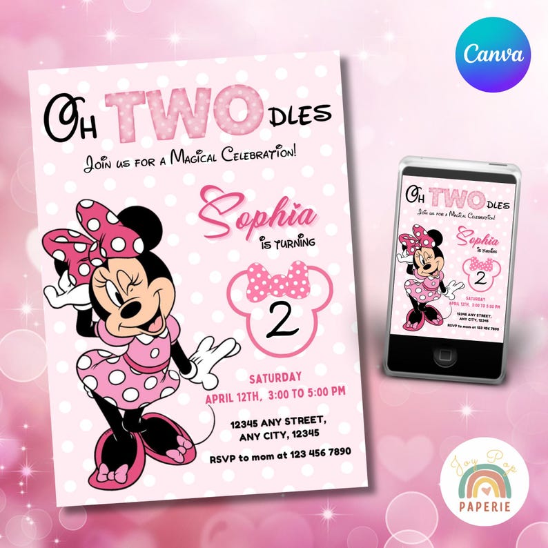 Minnie Mouse Birthday Invitation Editable Pink Template Invite for Kids ...