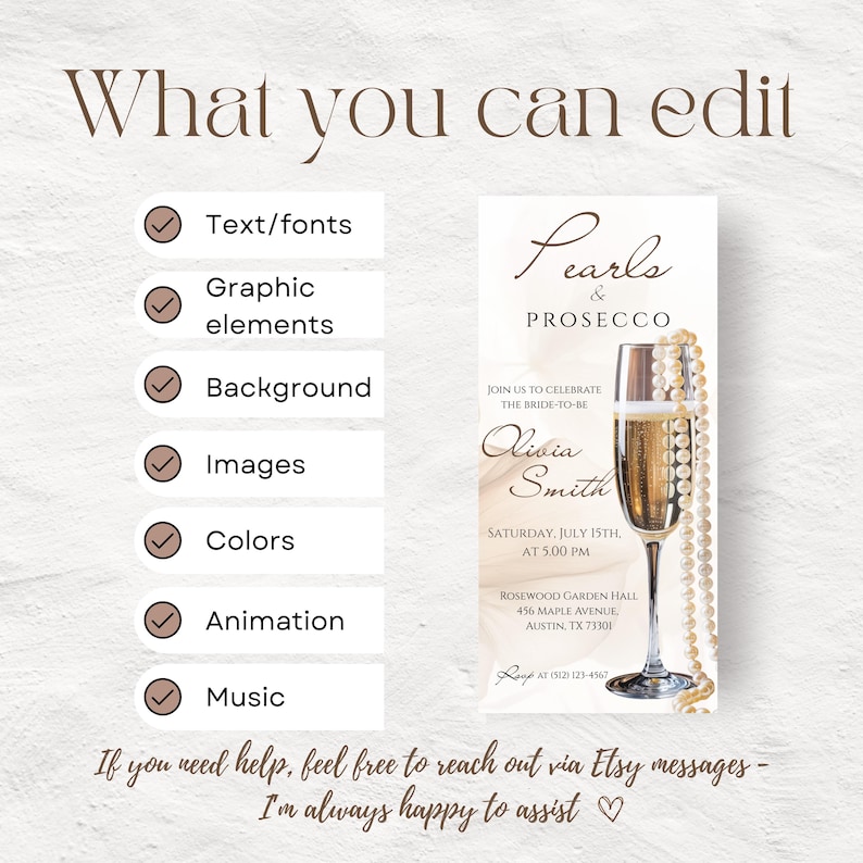 Pearls and Prosecco Bridal Shower Animated Digital Invite, Editable ...
