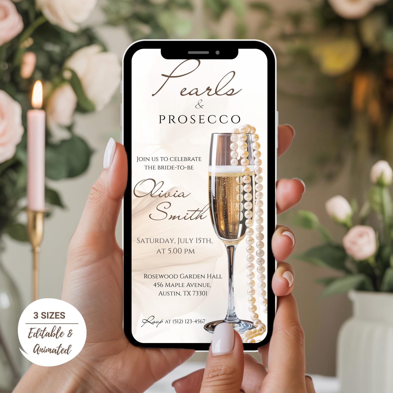 Pearls and Prosecco Bridal Shower Animated Digital Invite, Editable ...