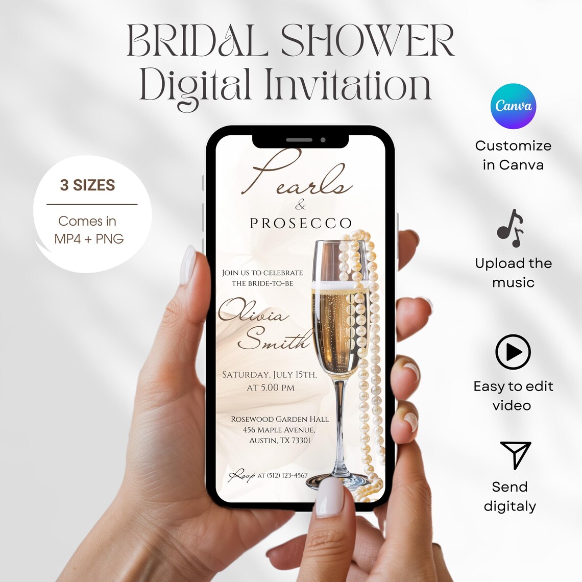 Pearls and Prosecco Bridal Shower Animated Digital Invite, Editable ...