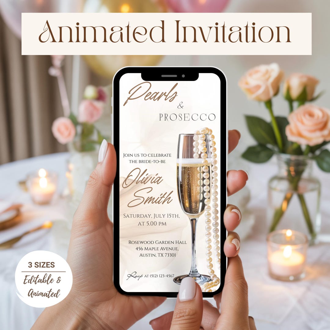 Editable Pearls and Prosecco Bridal Shower Animated Digital Invite ...