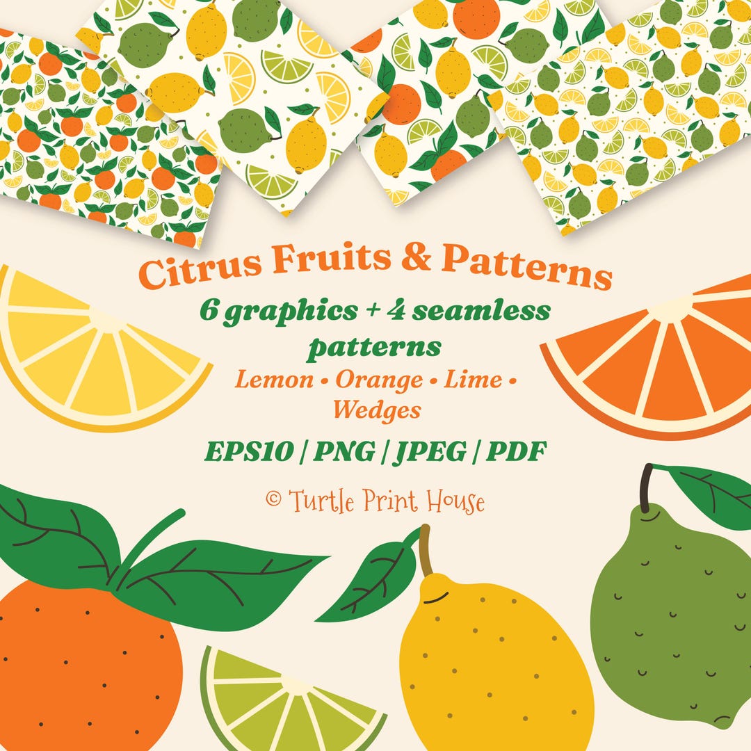Citrus Fruits Clipart & Patterns Bundle | Lemon Orange Lime Wedges | 4 ...