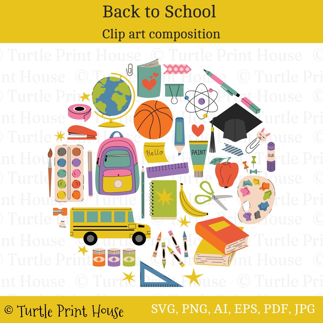 Back to School Clip Art | Cute Hand Drawn School Supplies PNG SVG JPG ...
