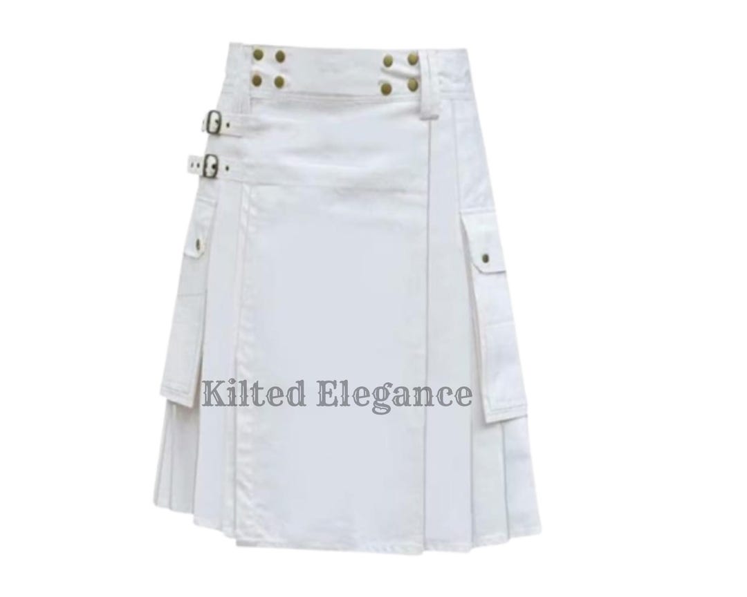 White Cotton Utility Kilt: Heavy-duty Cargo Pockets, Adjustable Waist ...