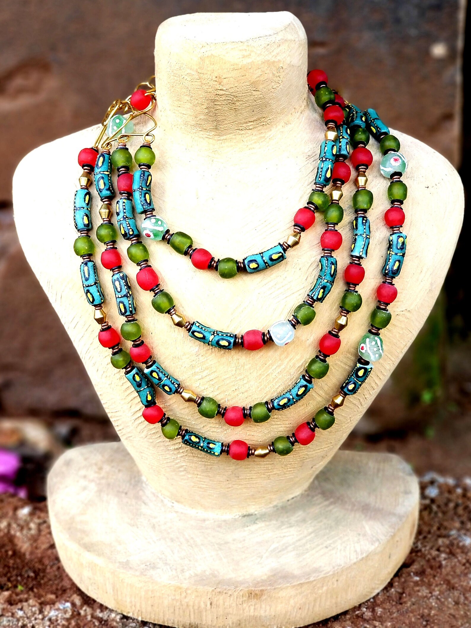 Green&Red African layered beaded necklaceGreen layered | Etsy