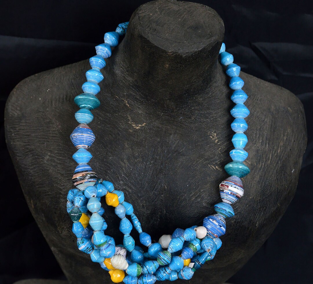 Turquiose Blue Paper Bead Necklace,afrocentric Paper Bead Jewelry,blue ...
