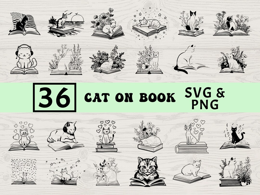 Cat on Book Silhouette SVG PNG Bundle, Reading Cat Clipart, Book Lover ...