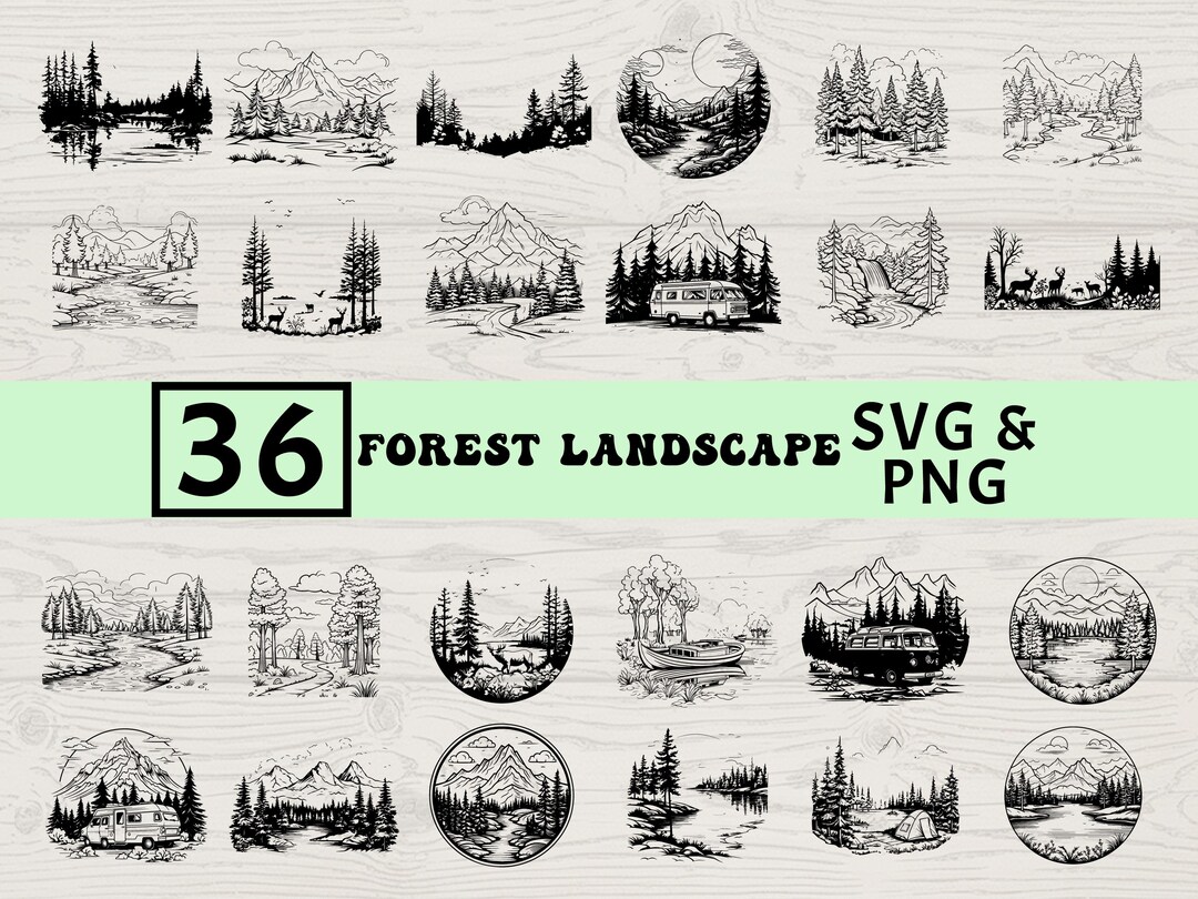 Forest Landscape Silhouette SVG PNG Bundle, Mountain Nature Clipart ...