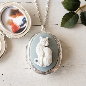 Silver Cat Locket Necklace, Dusty Blue White Cat Cameo Peronalized ...