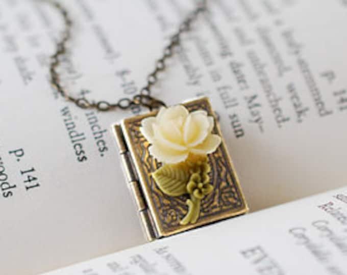 Book Locket Necklace. Antique Brass Book Locket With Ivory Cream Resin ...