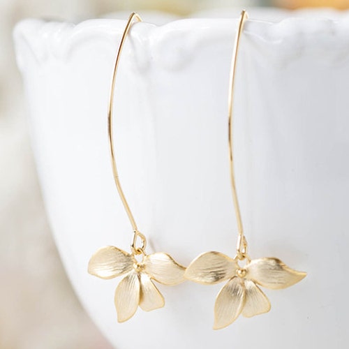 Gold Dangle Earrings. Matte Gold Orchid Flower Long Dangle - Etsy