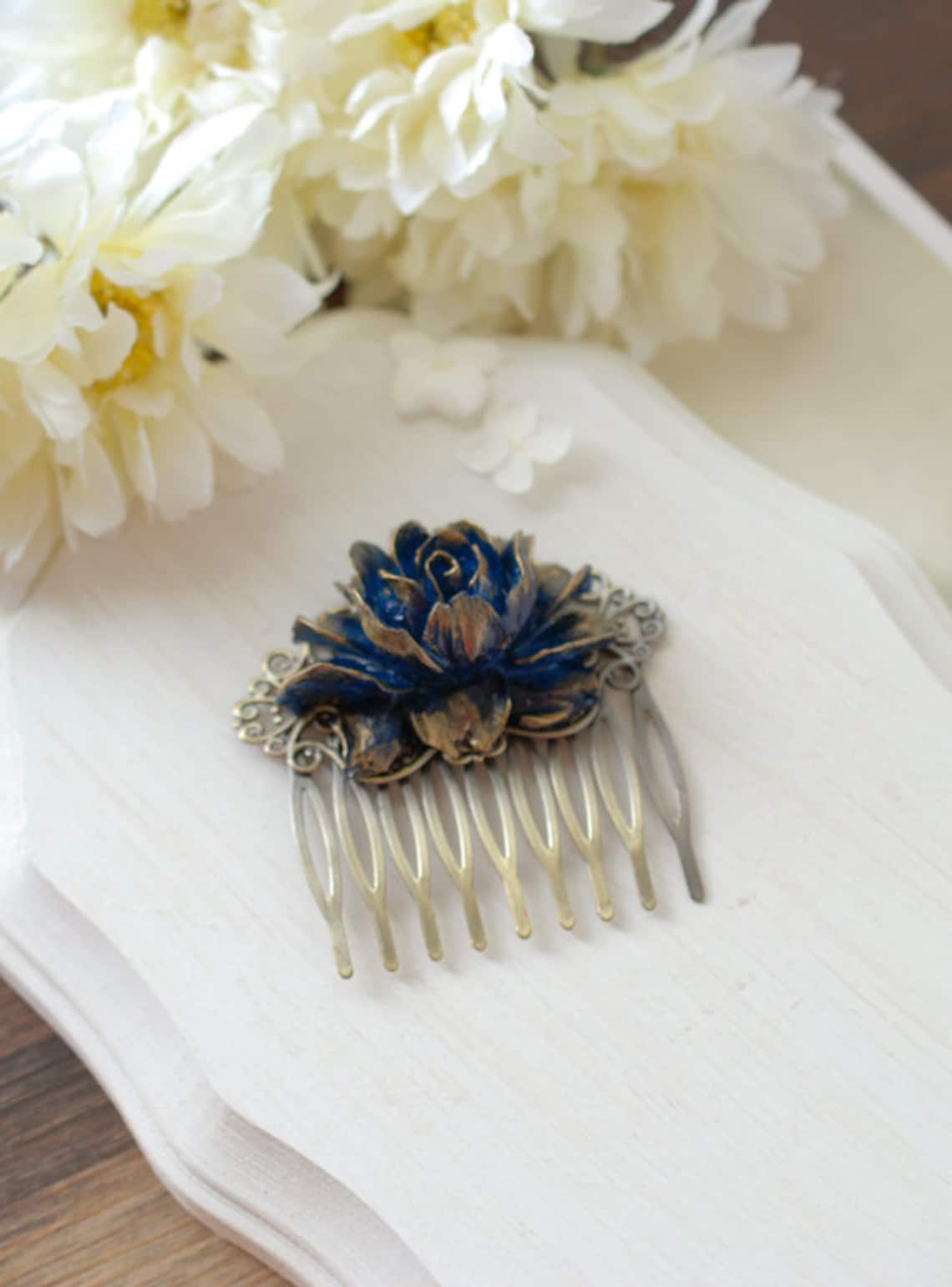 Gold Tipped Navy Dark Blue Rose Hair Comb. Antiqued Brass | Etsy