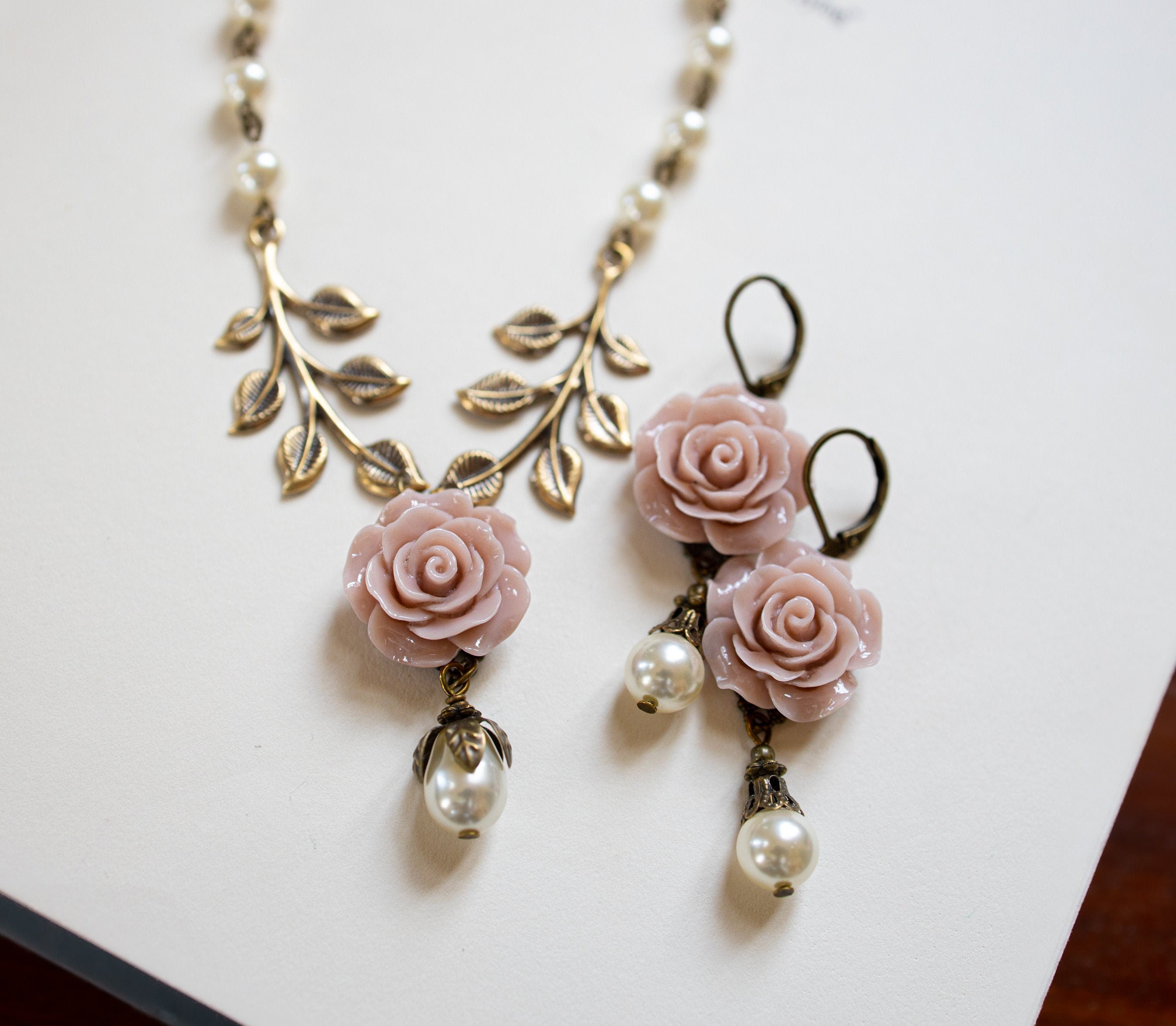 Dusty Pink Rose Necklace: Antiqued Gold Leaf, Cream Pearl Bridal ...