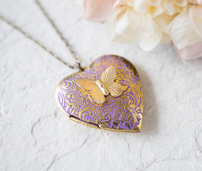 Purple Heart Locket Necklace Butterfly Locket Necklace - Etsy