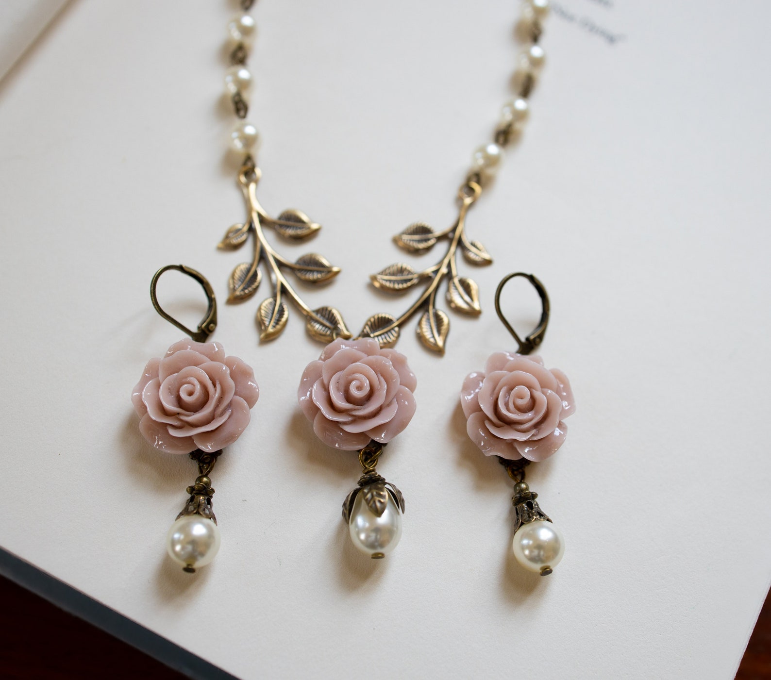 Dusty Pink Rose Necklace Antiqued Gold Leaf Branch Necklace | Etsy