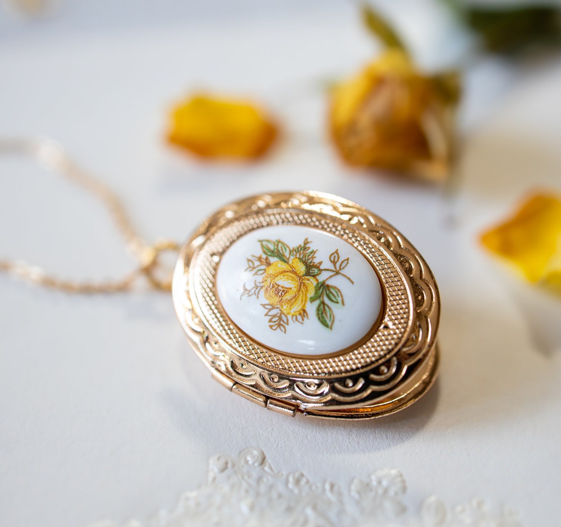 Yellow Rose Locket Necklace Gold Oval Locket with | Etsy
