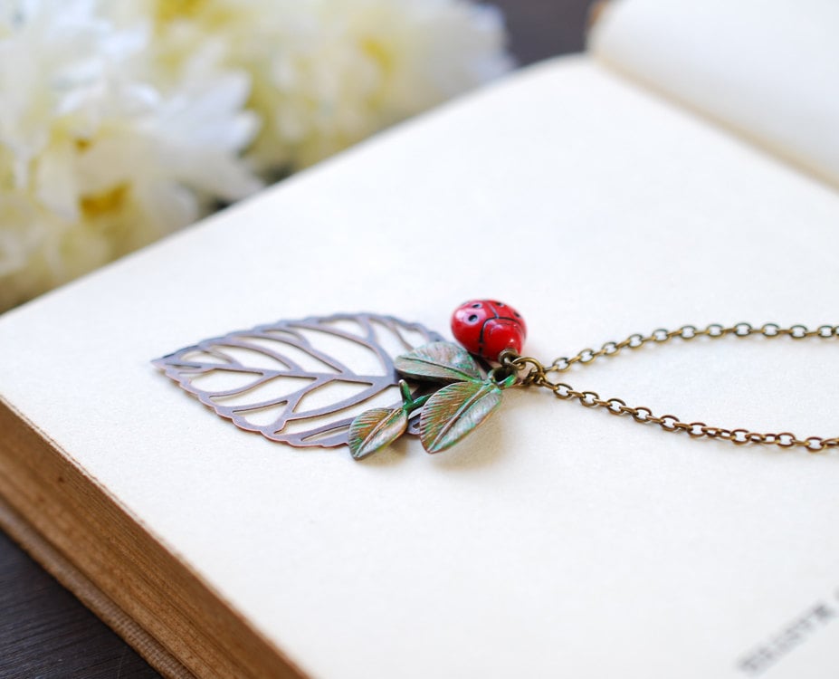 Ladybug Necklace Ladybug Jewelry Large Copper Filigree Leaf - Etsy