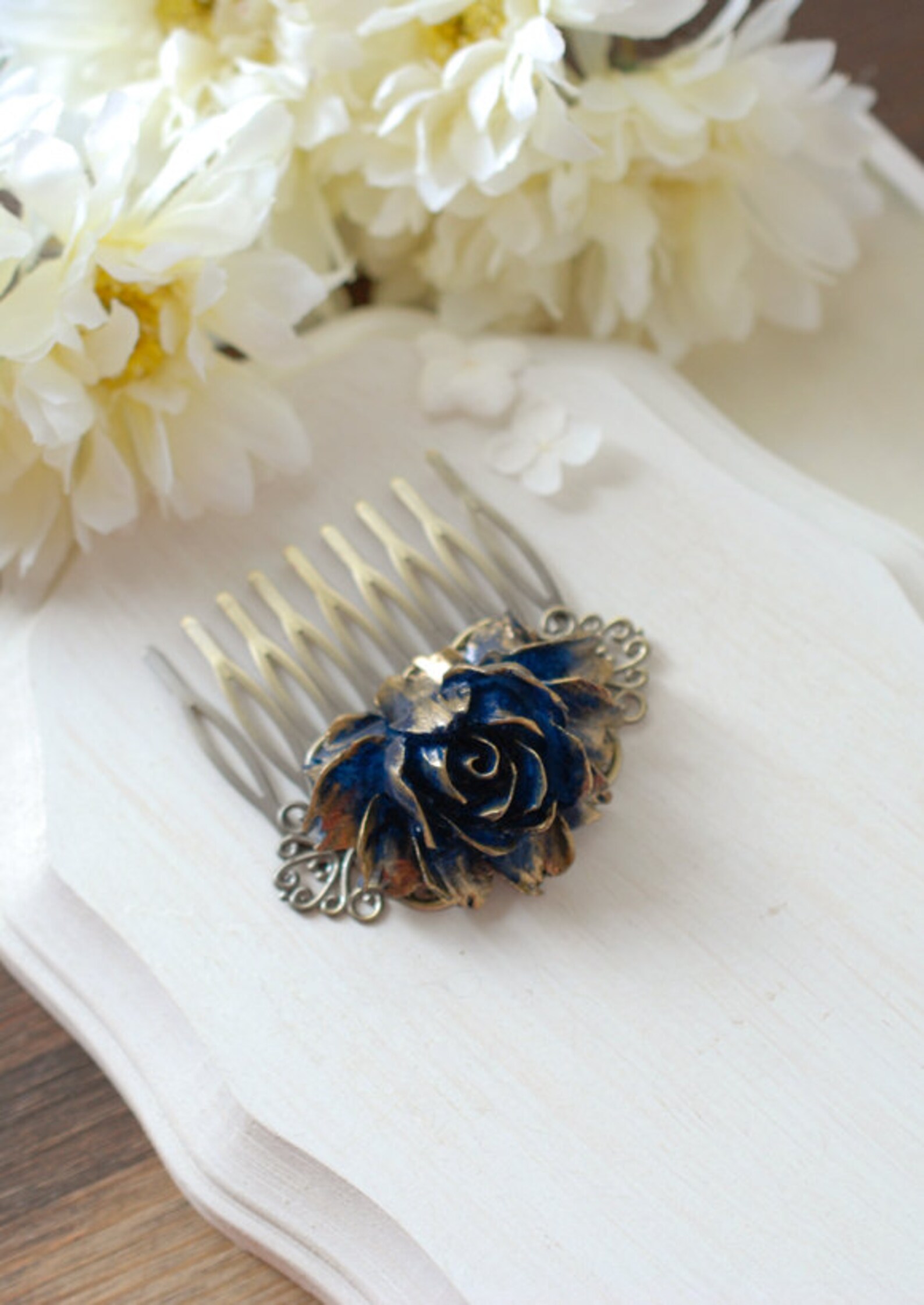 Gold Tipped Navy Dark Blue Rose Hair Comb. Antiqued Brass | Etsy