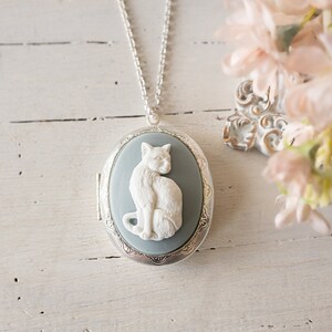 Silver Cat Locket Necklace, Dusty Blue White Cat Cameo Peronalized ...
