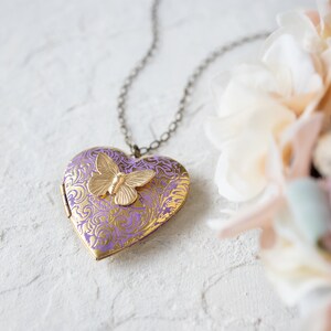 Purple Heart Locket Necklace, Butterfly Locket Necklace, Butterfly ...