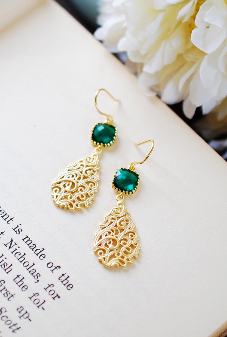 Emerald Green Earrings Gold Filigree Dangle Earrings Gold - Etsy
