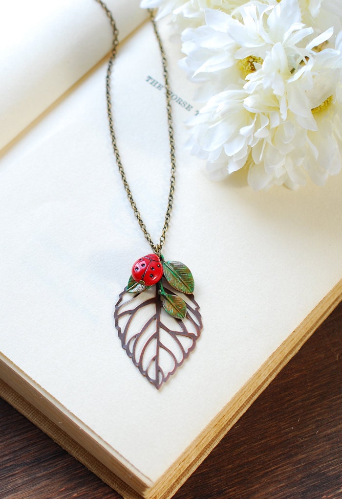 Ladybug Necklace Ladybug Jewelry Large Copper Filigree Leaf - Etsy