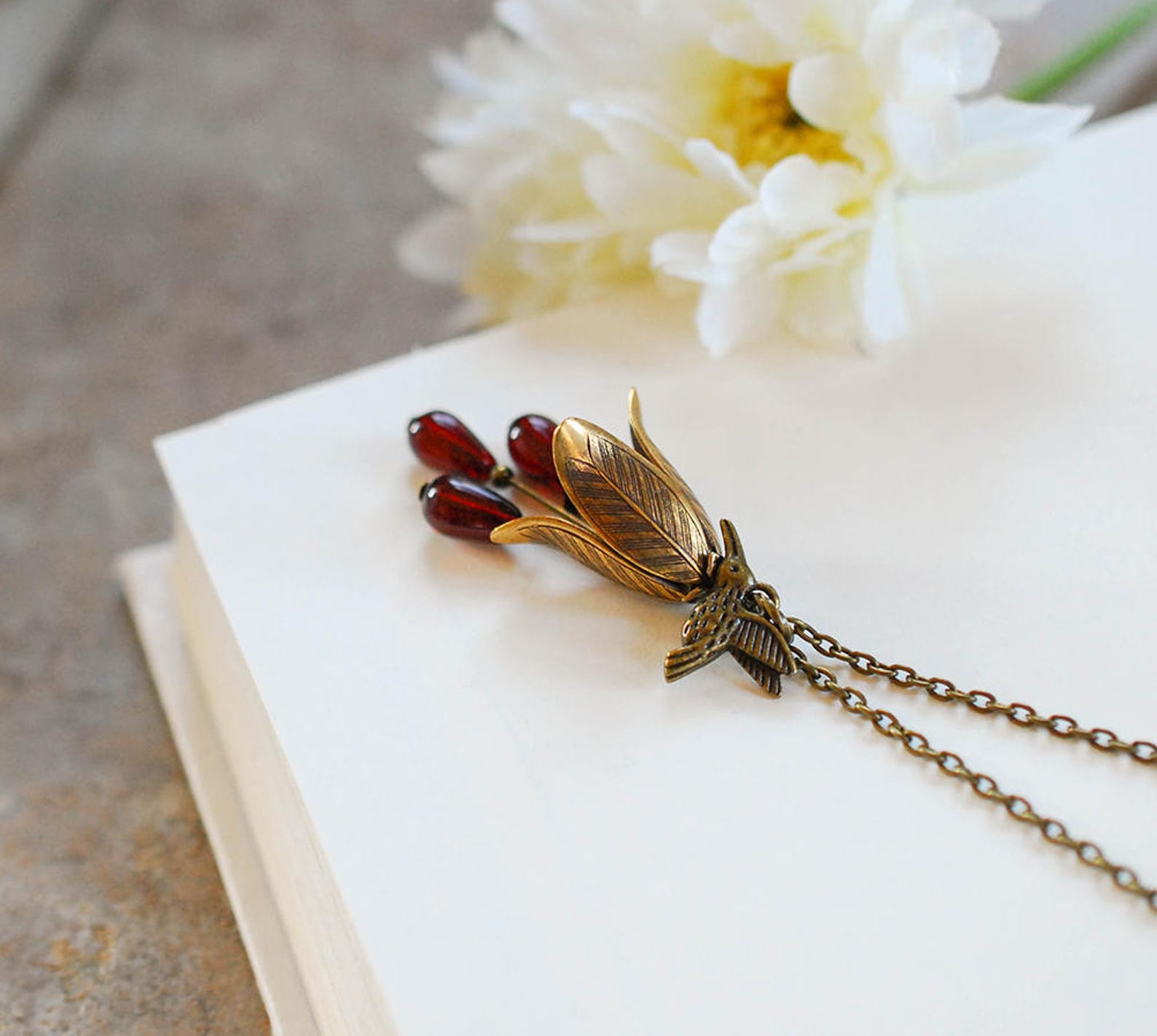 Hummingbird Necklace, Brass Tulip, Garnet Ruby Red, Humming Bird ...