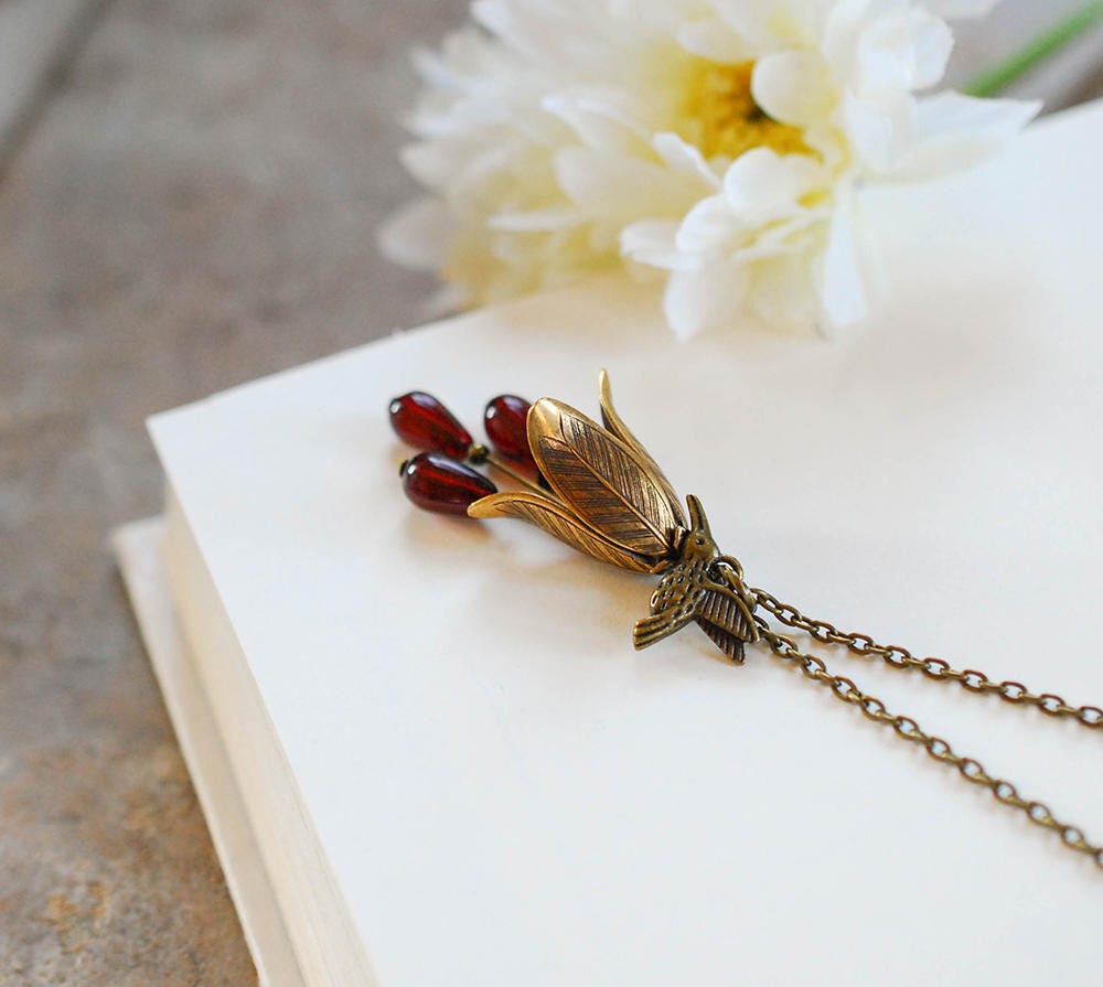 Hummingbird Necklace, Brass Tulip, Garnet Ruby Red, Humming Bird ...