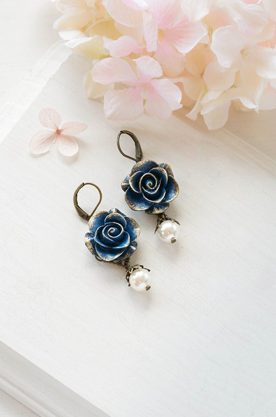 Navy Blue Rose Earrings With Cream White Pearl, Gold Navy Blue Wedding ...