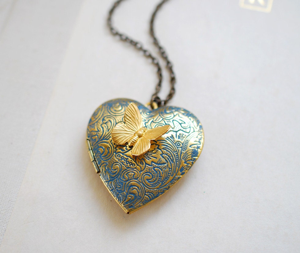 Heart Locket Necklace Butterfly Locket Verdigris Blue Gold - Etsy