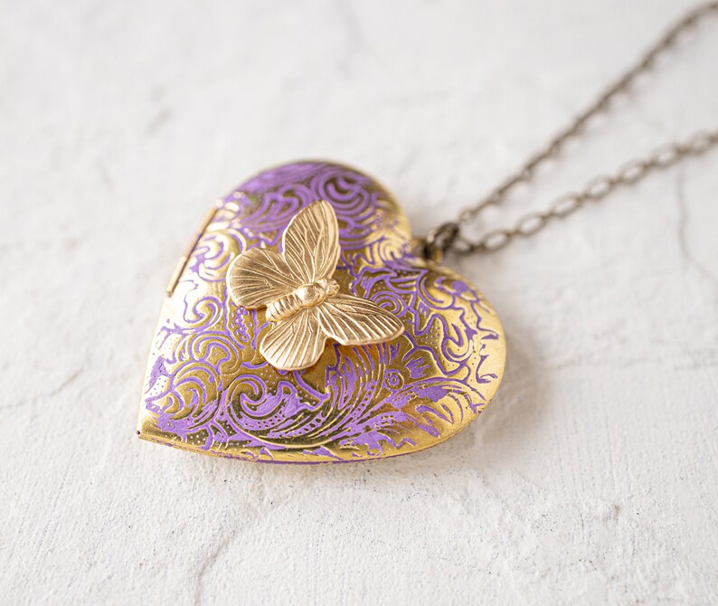 Purple Heart Locket Necklace Butterfly Locket Necklace | Etsy