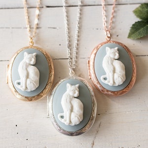 Silver Cat Locket Necklace, Dusty Blue White Cat Cameo Peronalized ...