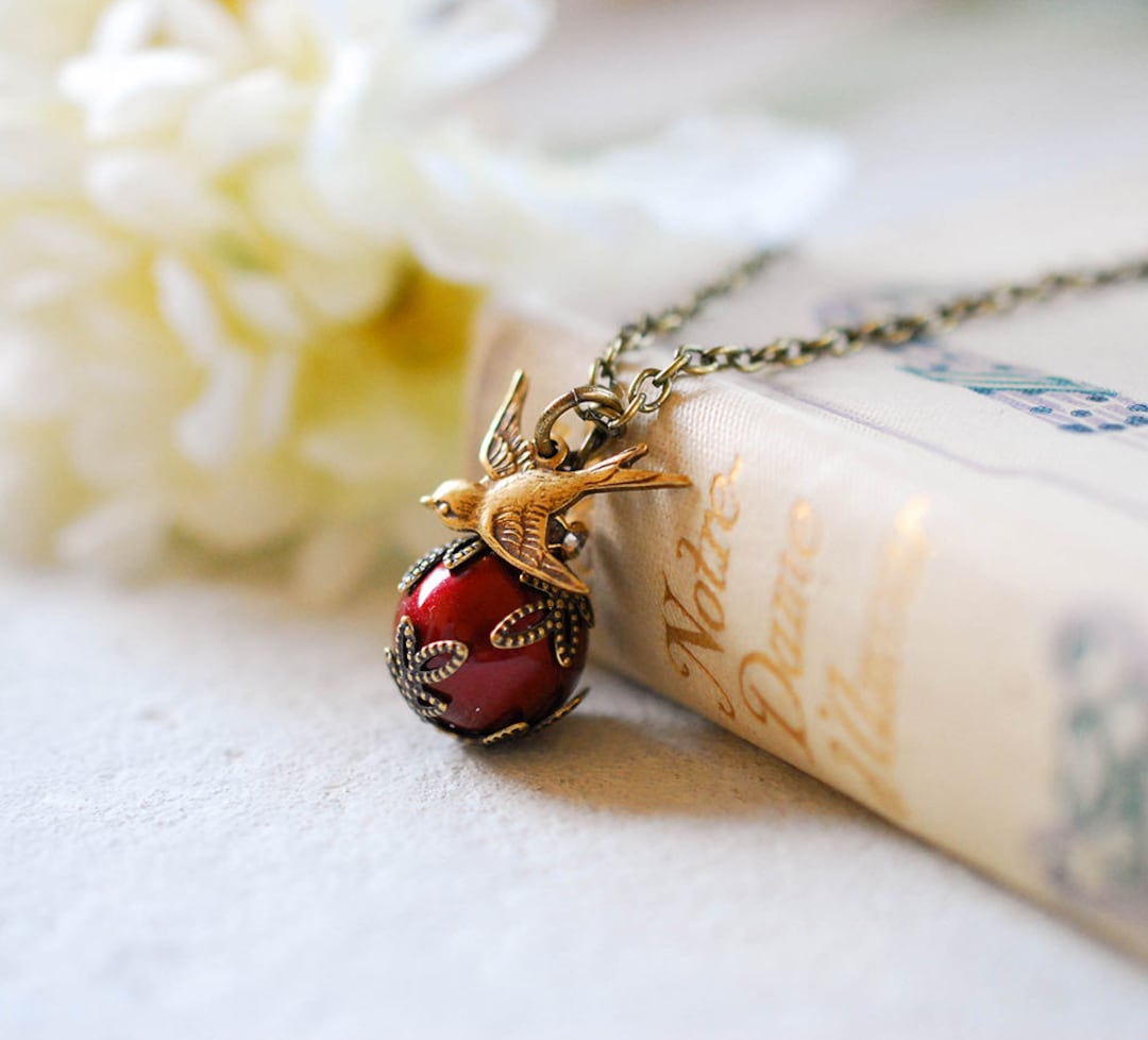 Wine Red Pearl Swallow Bird Necklace, Pearl Pendant Necklace, Bird ...