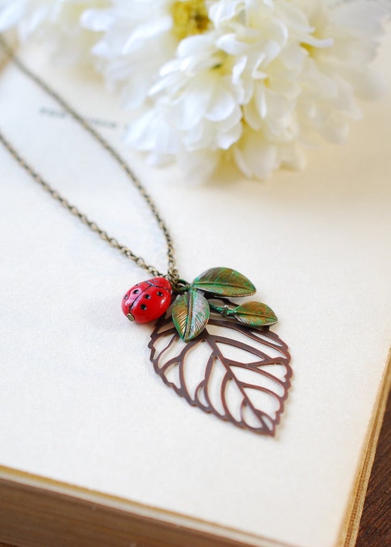 Ladybug Necklace Ladybug Jewelry Large Copper Filigree Leaf - Etsy