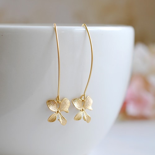 Gold Orchid Flower Long Dangle Earrings Simple Everyday Day - Etsy