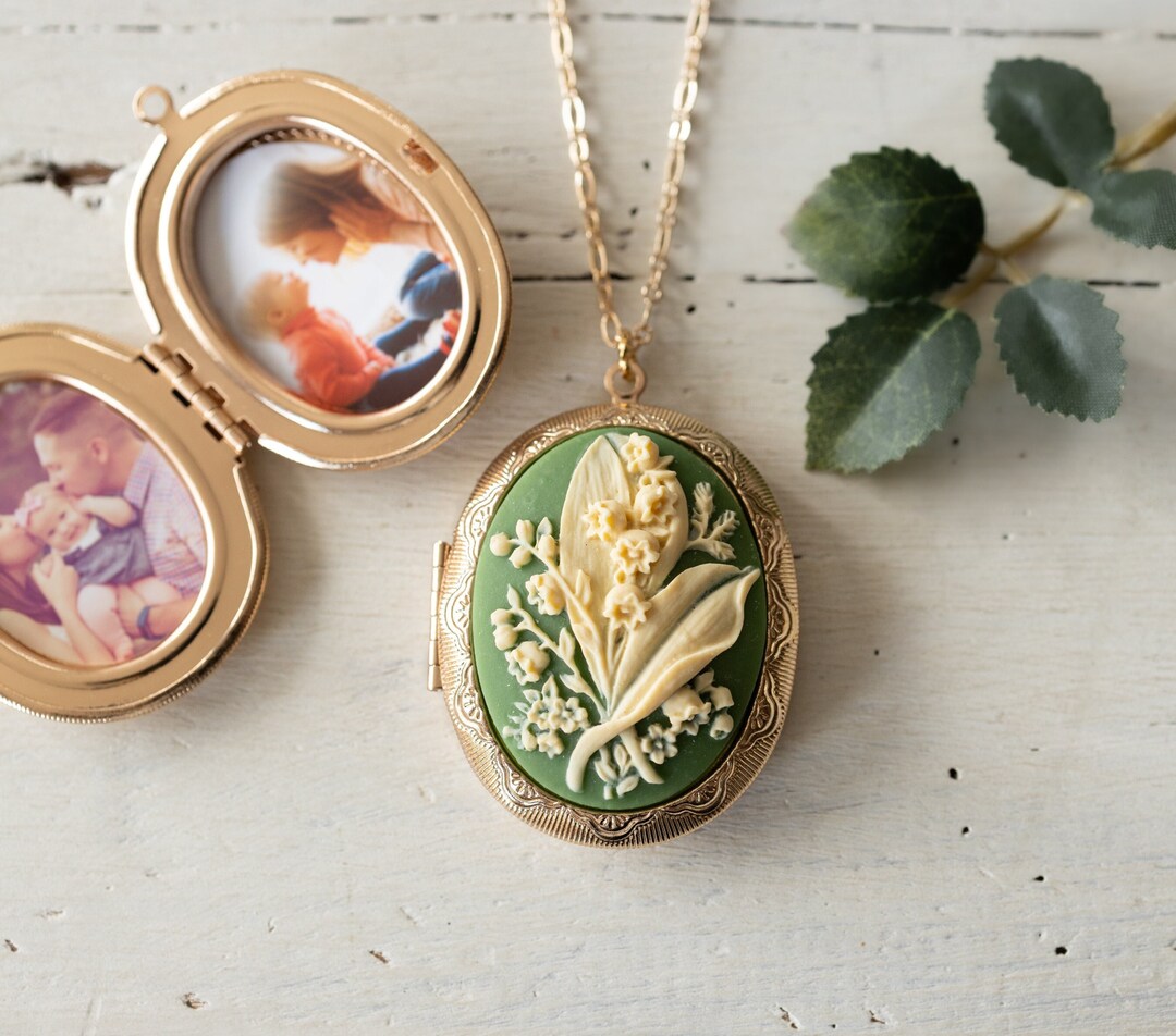 Sage Green Lily of the Valley Gold Locket Necklace, Personalized Photo ...