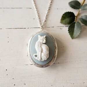 Silver Cat Locket Necklace, Dusty Blue White Cat Cameo Peronalized ...