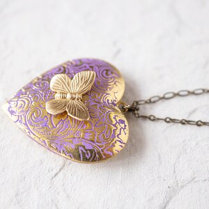 Purple Heart Locket Necklace, Butterfly Locket Necklace, Butterfly ...