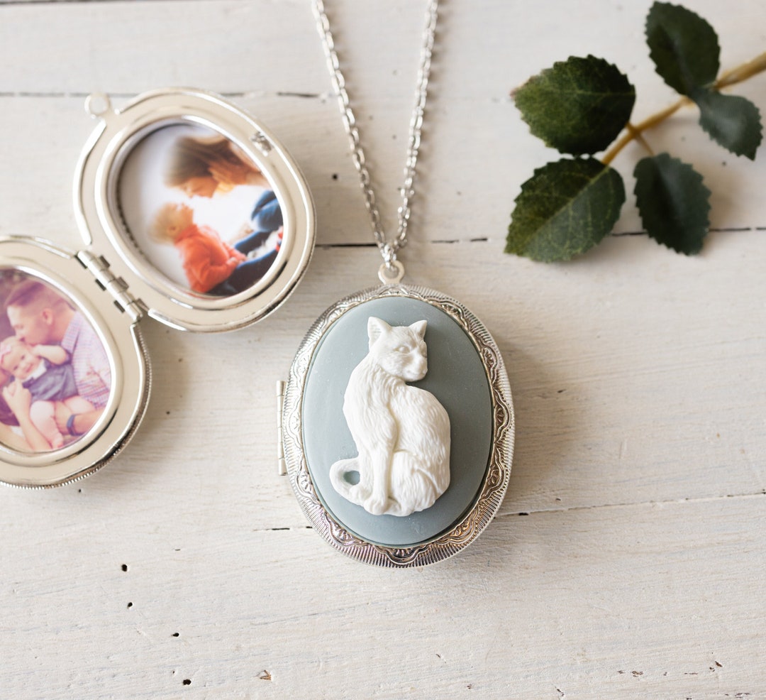 Silver Cat Locket Necklace, Dusty Blue White Cat Cameo Peronalized ...