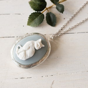 Silver Cat Locket Necklace, Dusty Blue White Cat Cameo Peronalized ...
