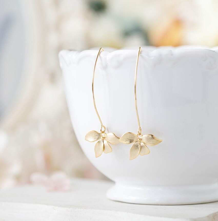 Gold Dangle Earrings. Matte Gold Orchid Flower Long Dangle | Etsy